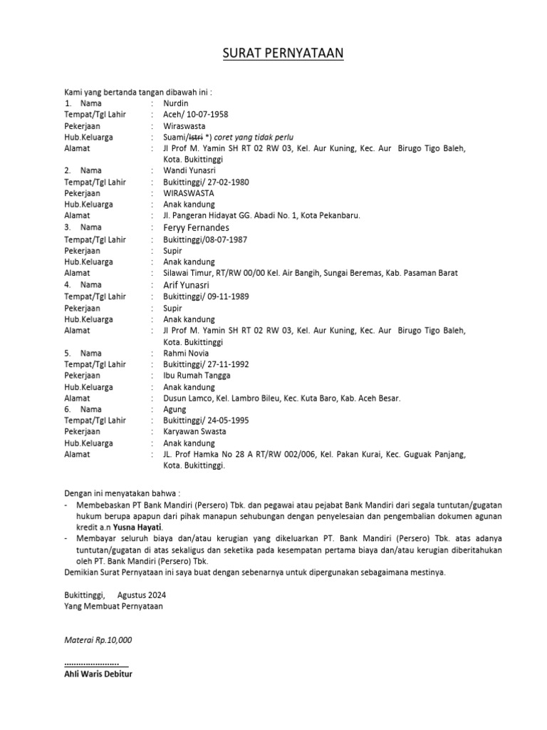 Surat Pernyataan Pembebasan Tuntutan | PDF