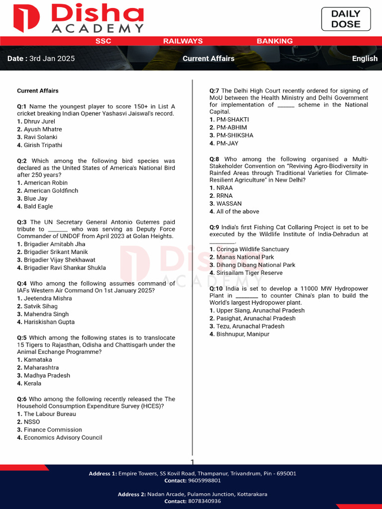 Current Affairs - English - 3rd Jan 2025 | PDF