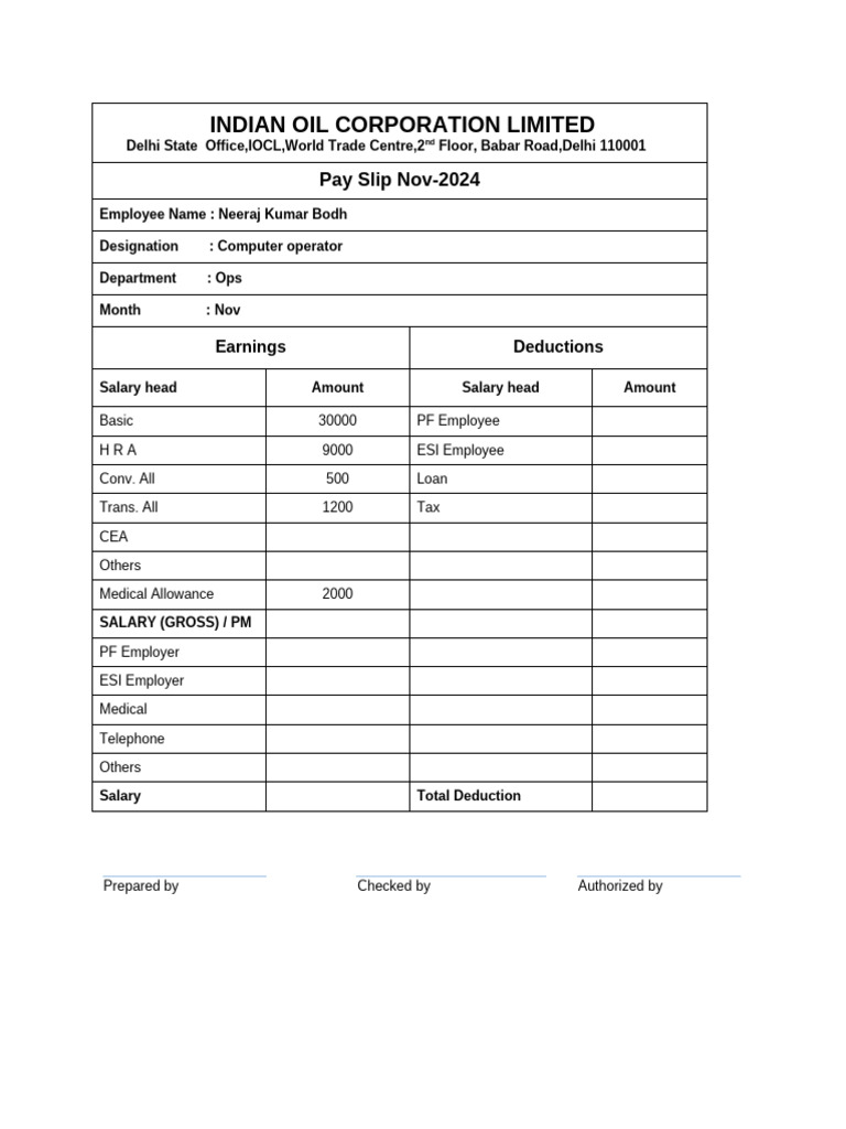 IOCL Salary Slip for November 2024 | PDF