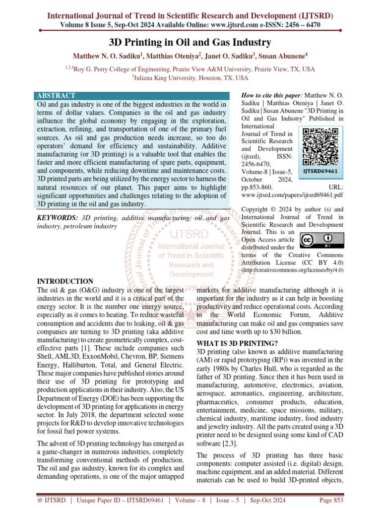 3D Printing in Oil and Gas Industry | PDF | 3 D Printing | Secondary ...