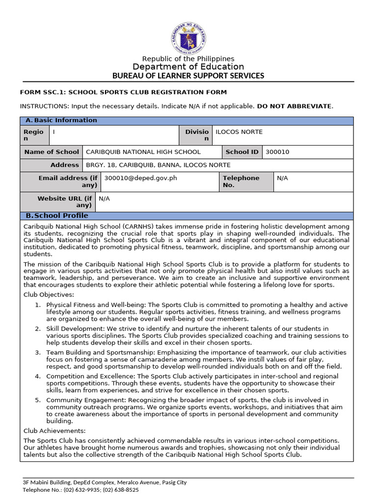 FORM SSC.1 School Sports Club Registration Form v1 | PDF | Sports | Behavior Modification