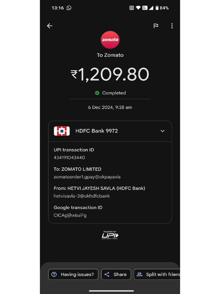 Screenshot - 20241216-131651 Zomato Gpay Ss | PDF