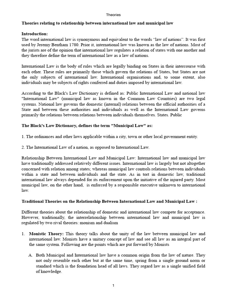 Theories Relating to Relationship Between International Law and Municipal Law | PDF ...