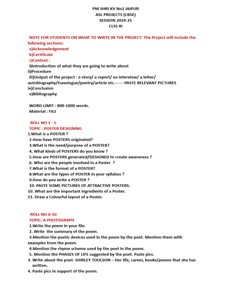 ASL Project Guidelines for Class 11 | PDF | Poetry