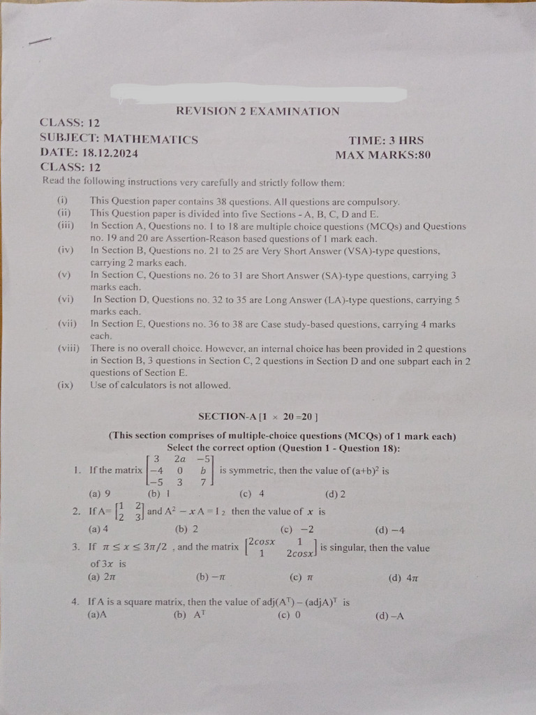 Xii Maths Practice Paper 2024-25-1 | PDF | Multiple Choice ... Xii Maths Practice Paper 2024-25-1 | PDF | Multiple Choice ...