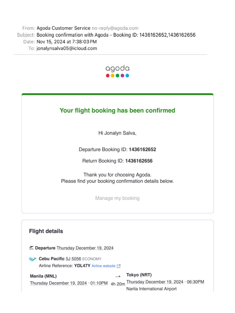 Booking Confirmation With Agoda - Booking ID - 1436162652,1436162656 | PDF | Aviation