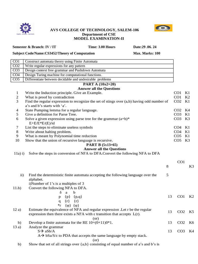 model 2 qn toc | PDF | Automata Theory | Theoretical Computer Science