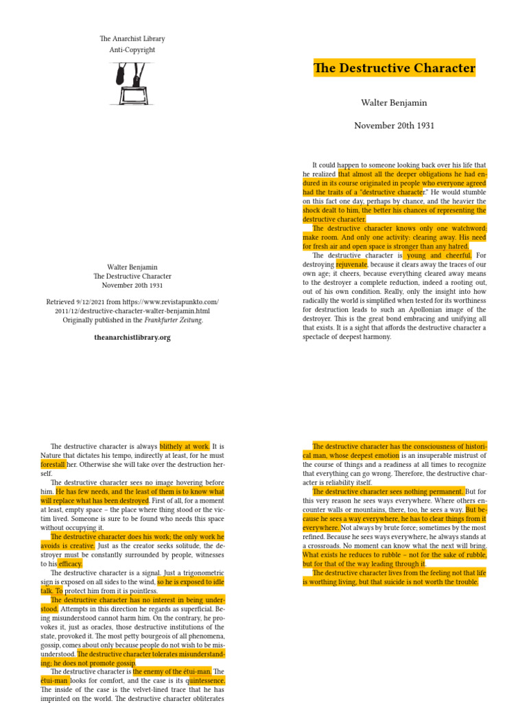 Walter Benjamin The Destructive Character - LT | PDF | Psychology