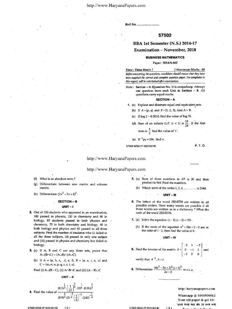 Bba 1 Sem Business Mathematics 57502 Nov 2018 | PDF