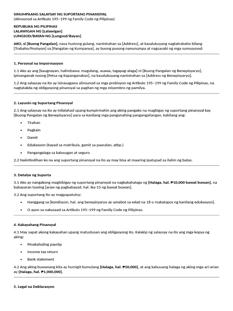 Sinumpaang Salaysay NG Suportang Pinansiyal | PDF