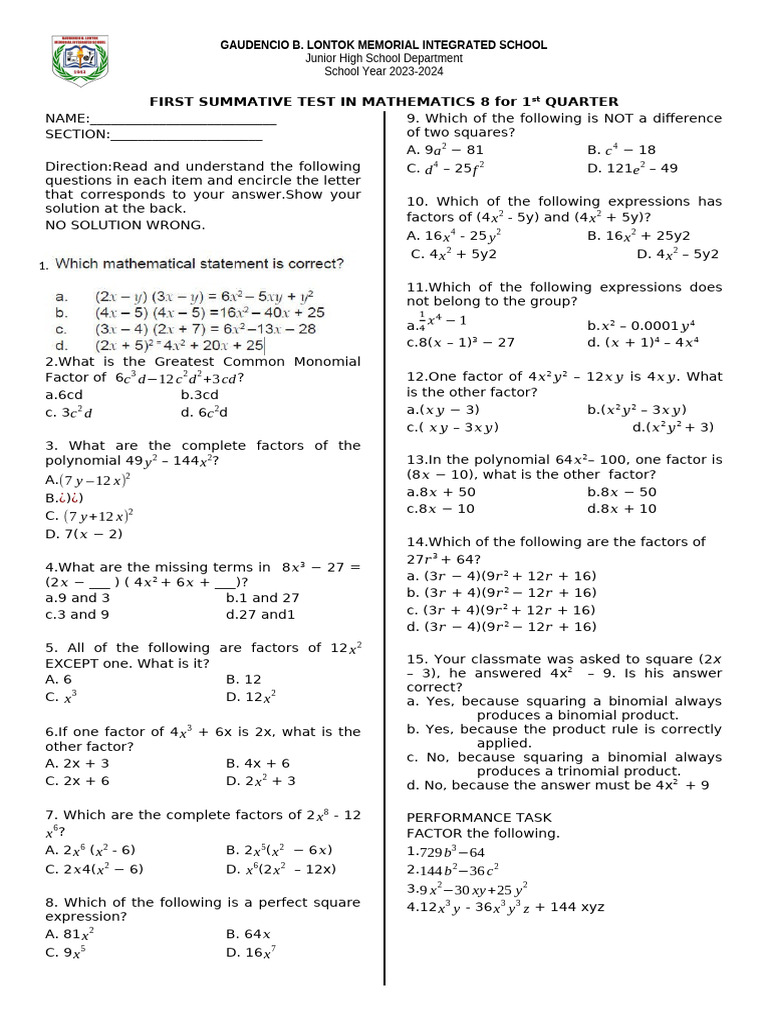 FIRST SUMMATIVE MATH | PDF | Mathematics | Algebra