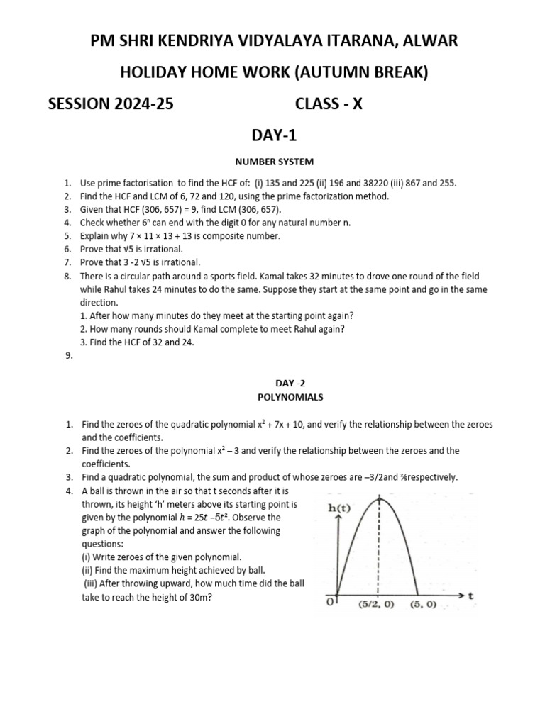 Class 10 Maths Holiday Homework | PDF | Circle | Equations