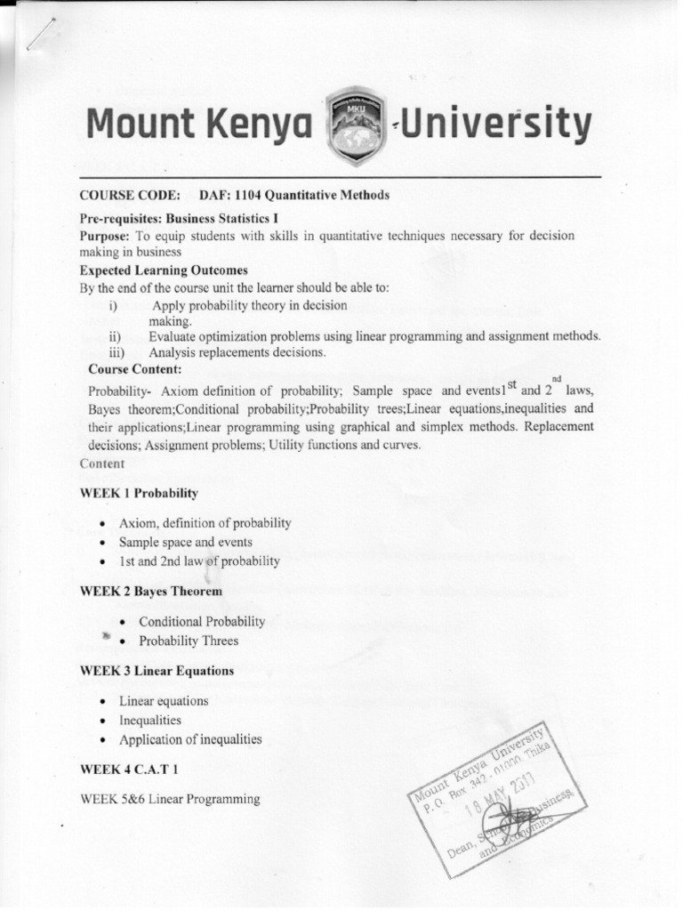 DAF1104 Quantitative Methods Course Outline | PDF
