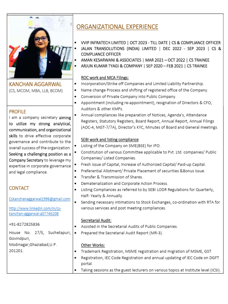 UPDATED_CV_CS_KANCHAN_2024 | PDF | Corporations | Corporate Law