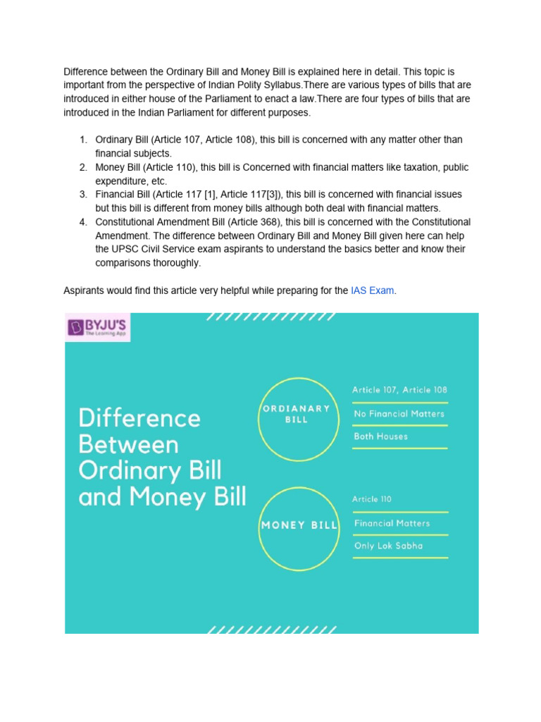 Difference Between Ordinary Bill and Money Bill | PDF | Bill (Law ...