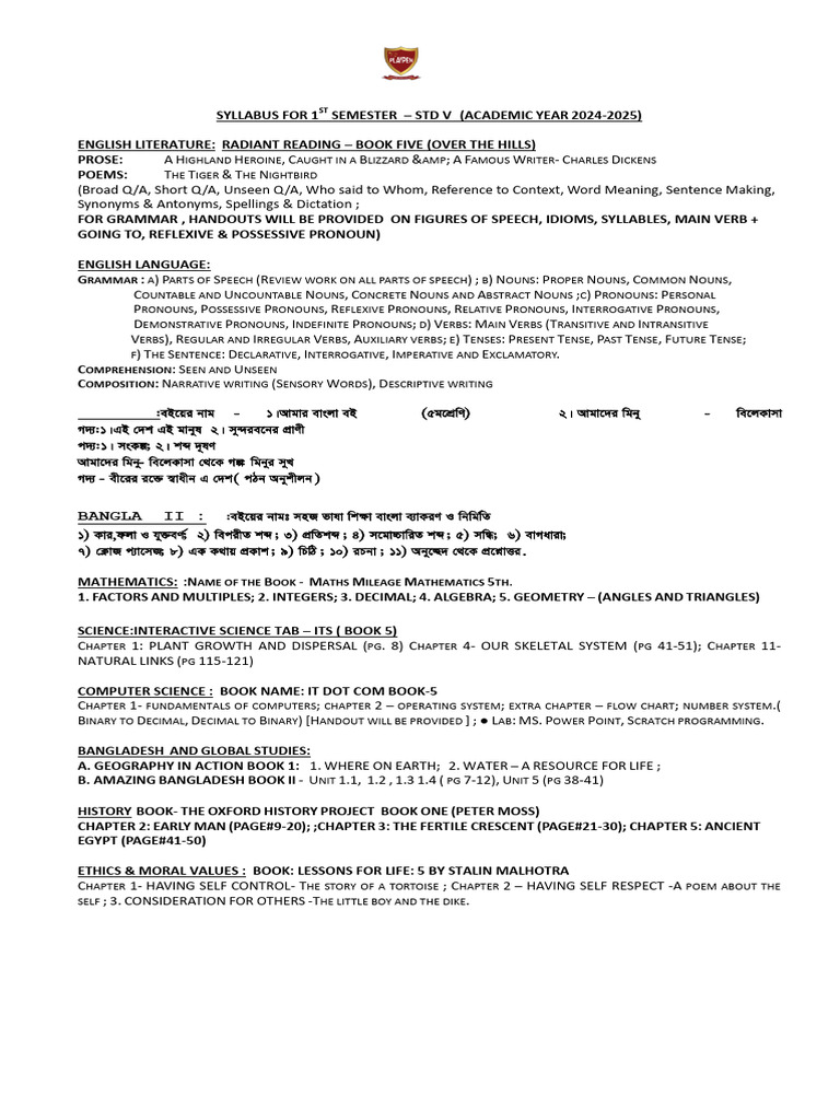 Std-V-Syllabus-2024-251st-Sem - Revised - 235 - 8 | PDF | Pronoun | Verb