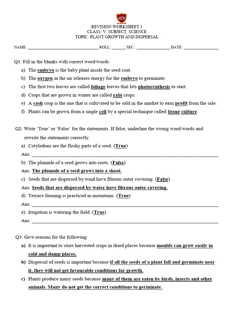 Revision Worksheet 1 On Plant Growth and Dispersal Nov 2024 (Answer Key) | PDF | Seed | Plants