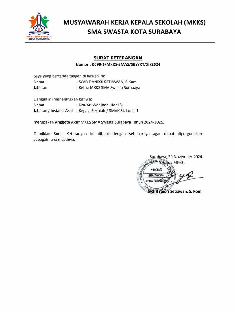Surat Keterangan Anggota MKKS 2024-2025 Rev | PDF