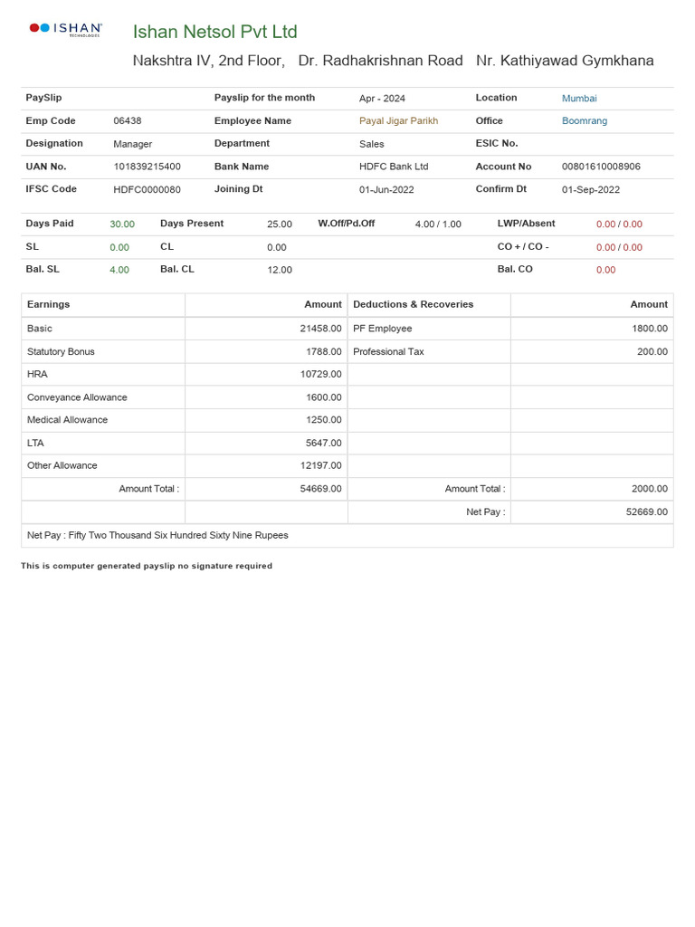 Payslip 06438 April - 2024 (1) | PDF