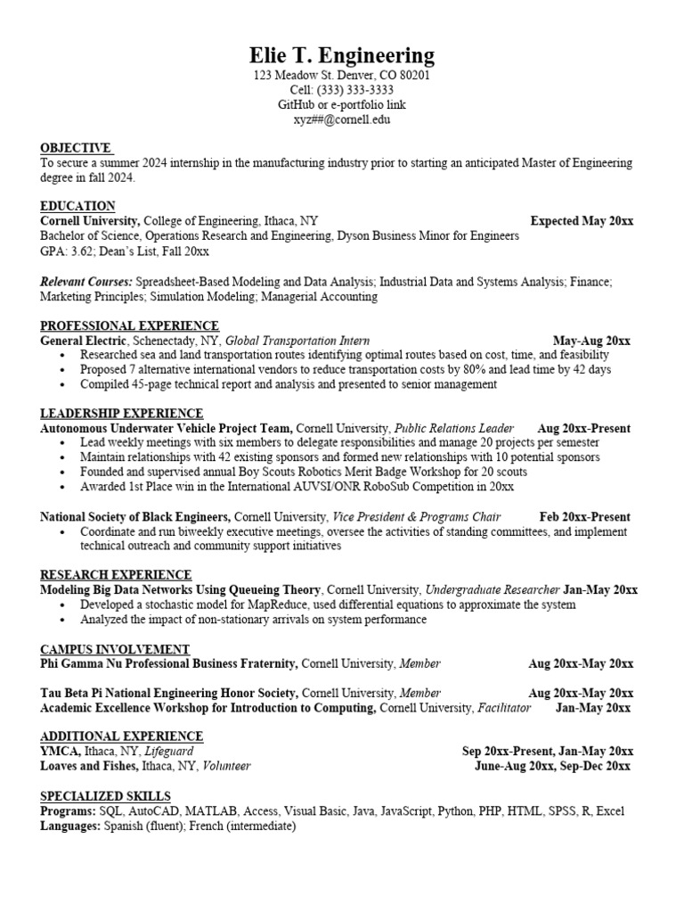 Sample Engineering Resume | PDF | Cornell University | Computing