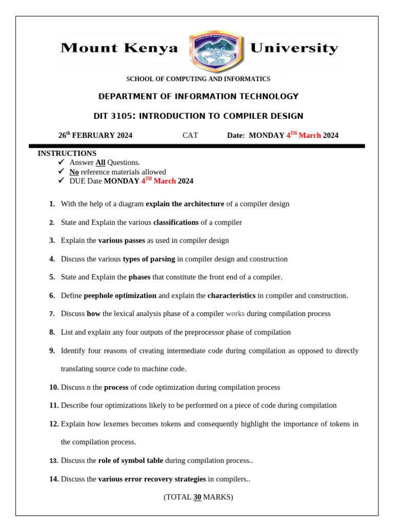 Compiler Design Exam Questions Guide | PDF