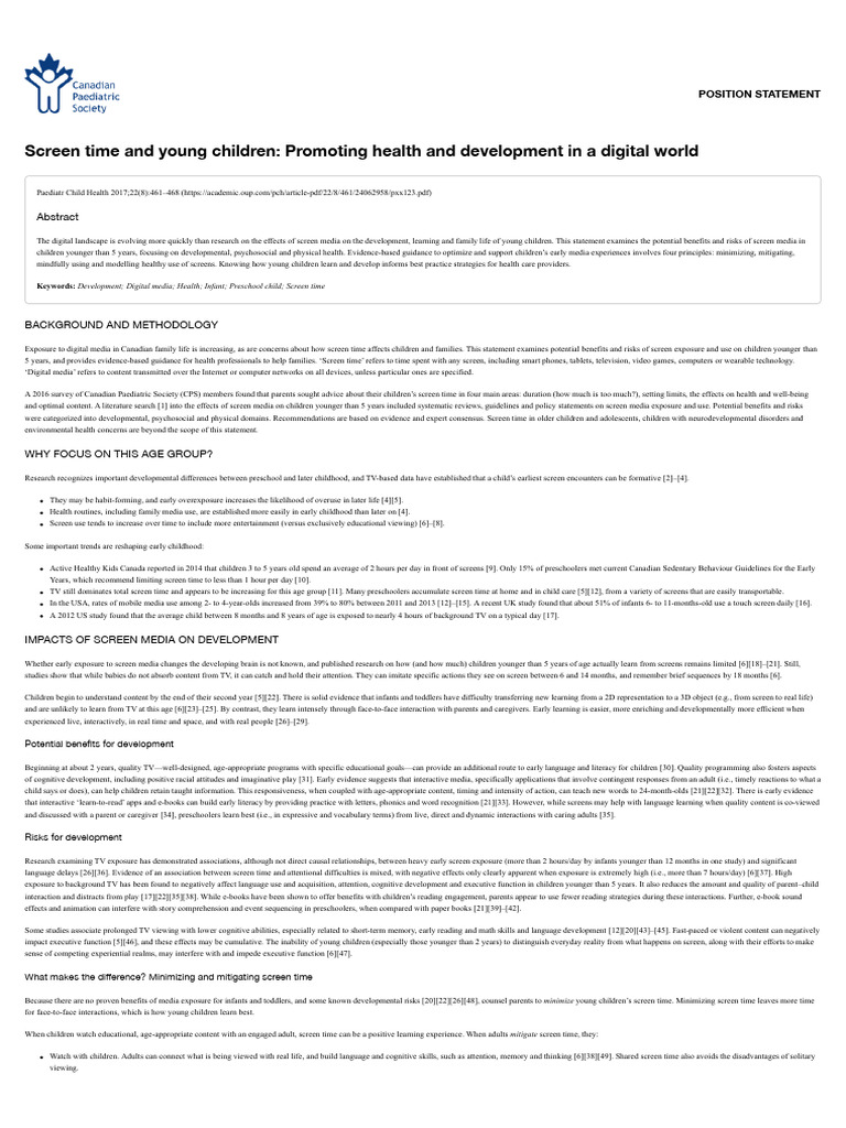 Screen Time and Young Children - Promoting Health and Development in A Digital World - Canadian ...