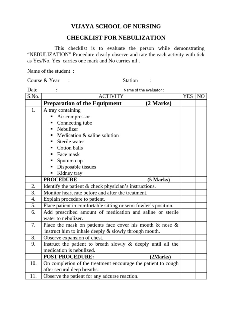 Checklist For Nebulization | PDF