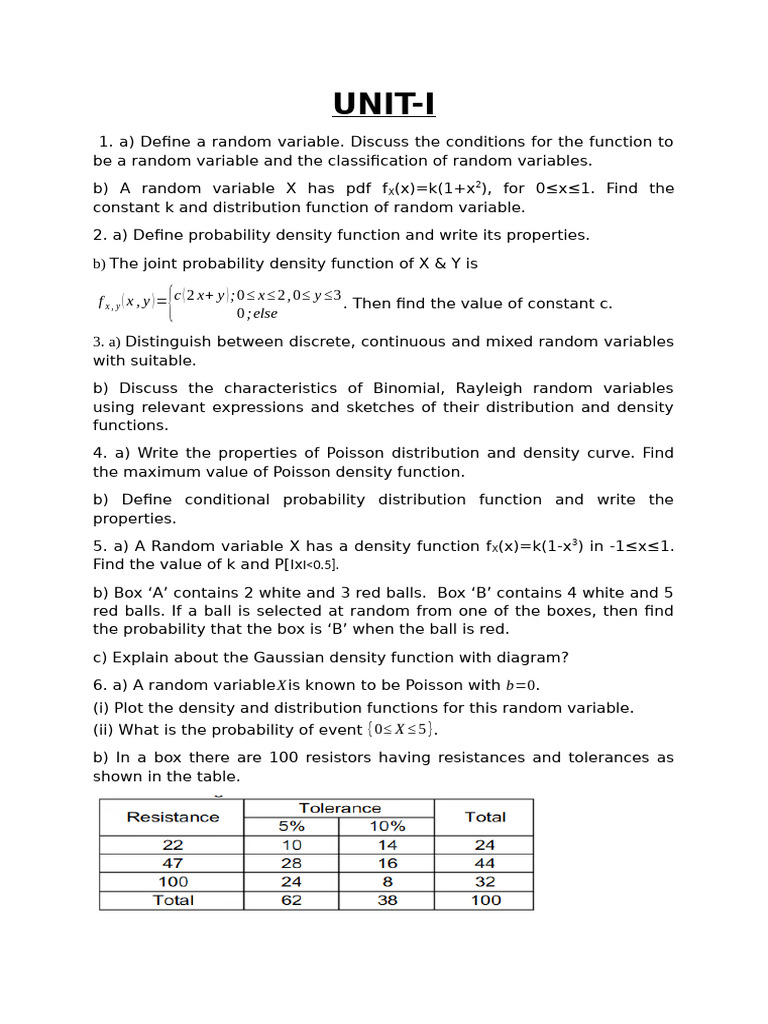 PTSP UNIT-I IMP QUESTIONS | PDF | Probability Density Function | Probability Distribution