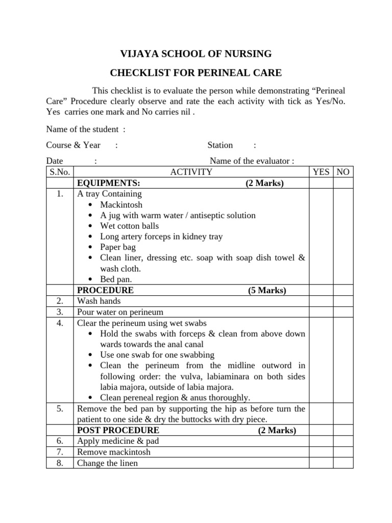 Checklist For Perineal Care | PDF
