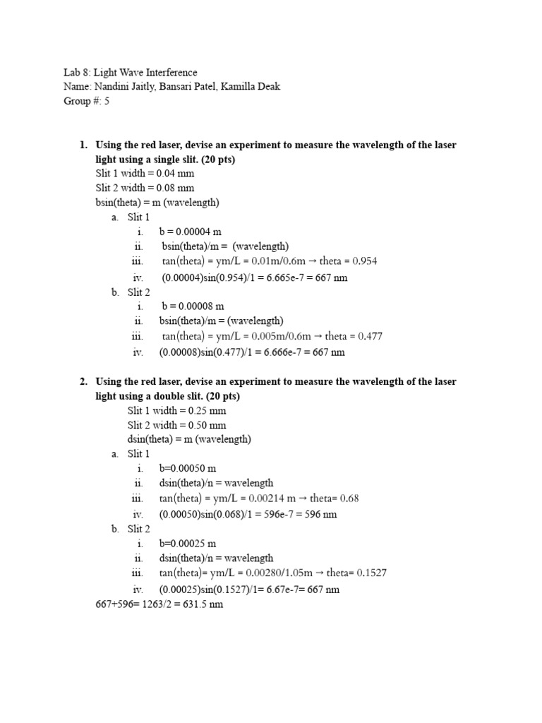 Lab 8 - Light Wave | PDF | Diffraction | Wavelength
