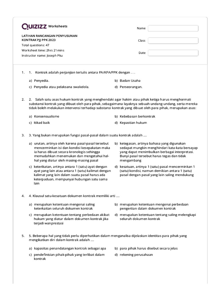 LATIHAN RANCANGAN PENYUSUNAN KONTRAK PJJ PPK 2023 - Quizizz | PDF