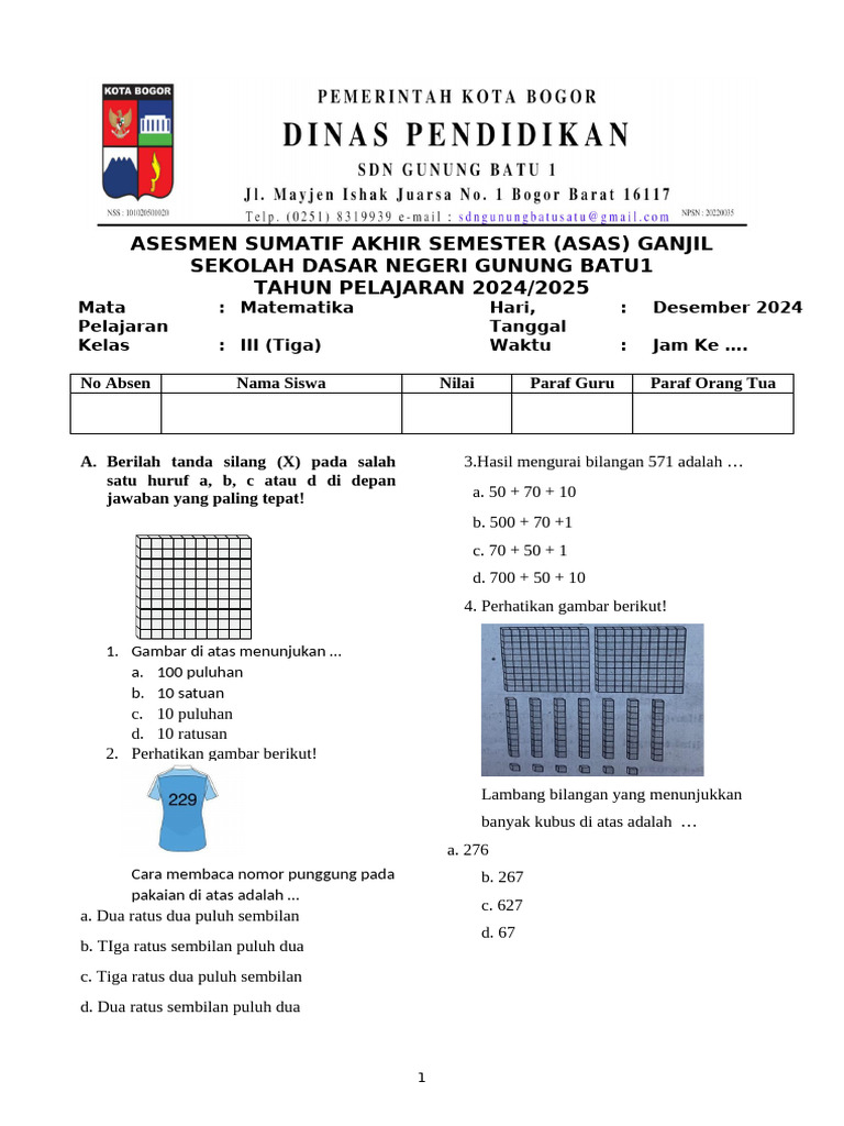 Ulangan Sas Kelas 3 MTK 2425 | PDF