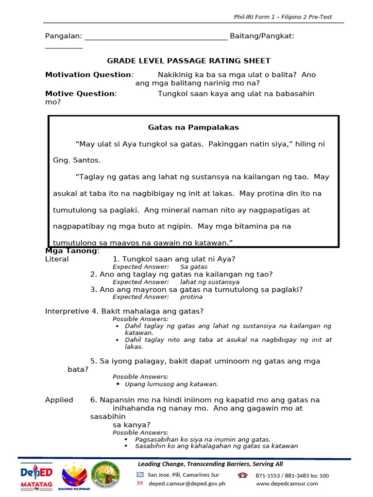 Pretest Grade 2 Filipino | PDF