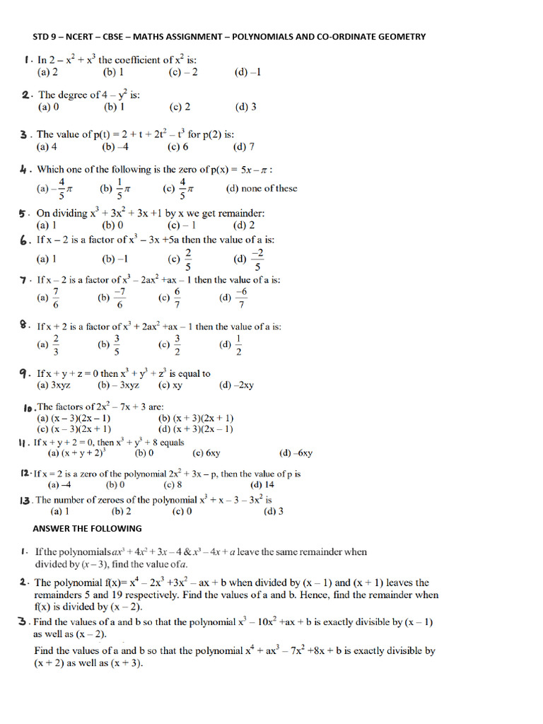 Polynomials Std 9 (1) | PDF