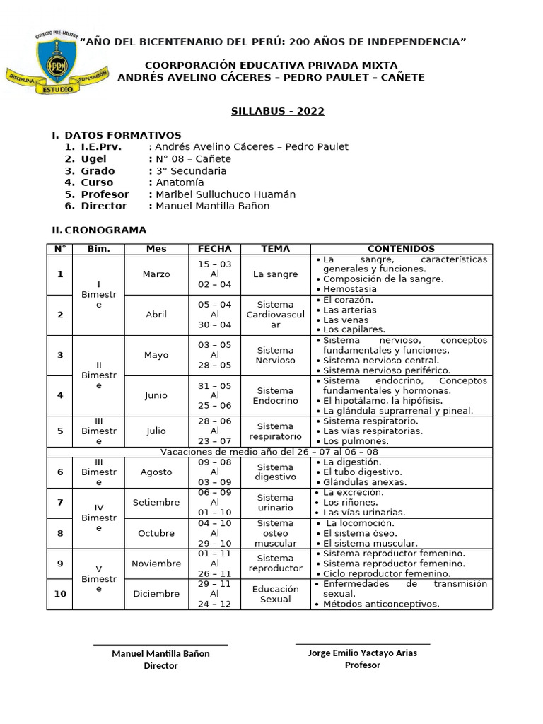 SILLABUS ANATOMÍA 3° Sec | PDF | Anatomía | Sistema endocrino