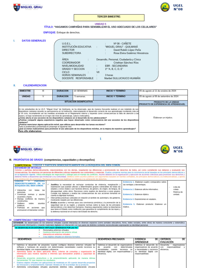 V UNIDAD DE APRENDIZAJE DPCC 4º 2024 | PDF | Aprendizaje | Evaluación