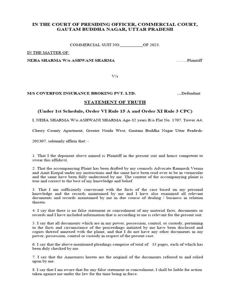 Neha Sharma's Statement of Truth | PDF | Affidavit | Legal Procedure