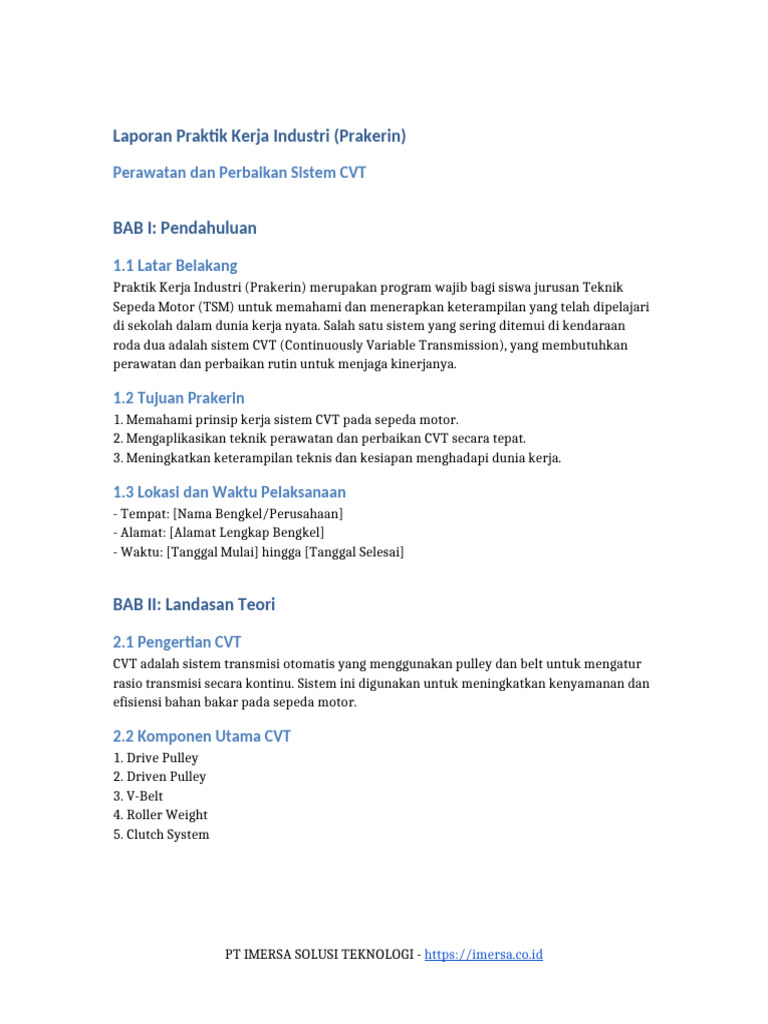 Contoh Laporan Prakerin TSM Lengkap CVT | PDF