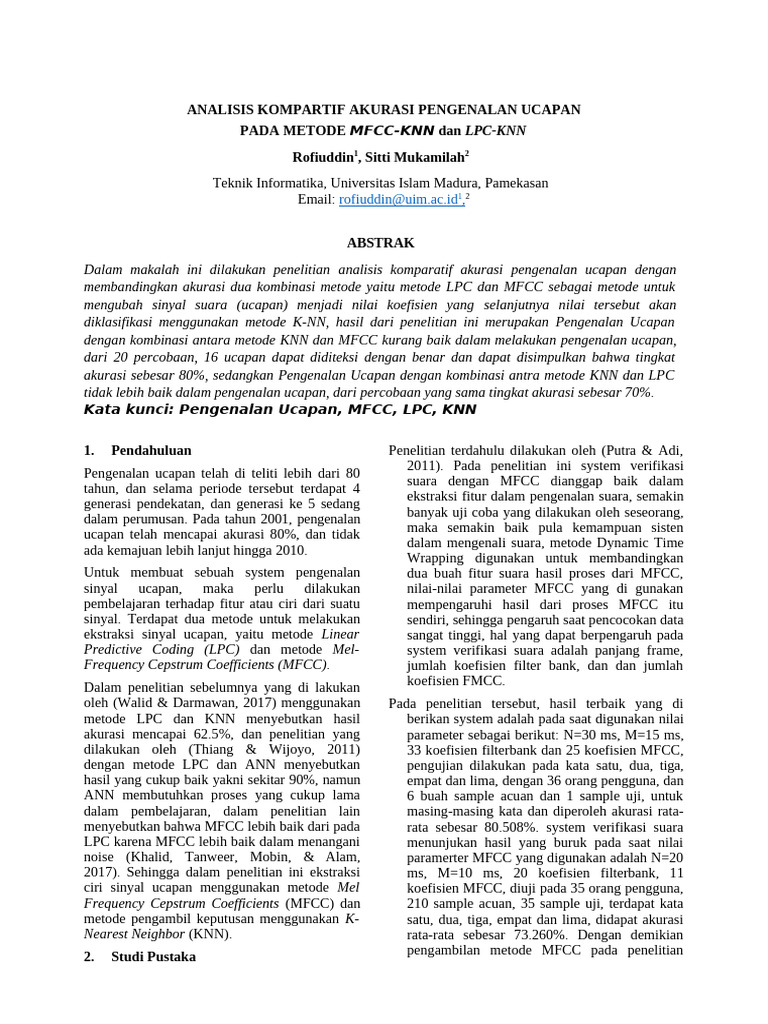 Analisis Akurasi MFCC-KNN vs LPC-KNN | PDF
