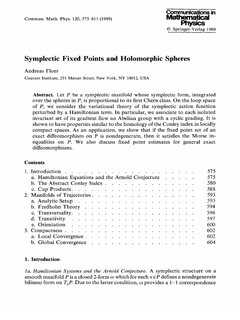 Symplectic Fixed Points and Holomorphic Spheres | PDF | Manifold | Hamiltonian Mechanics