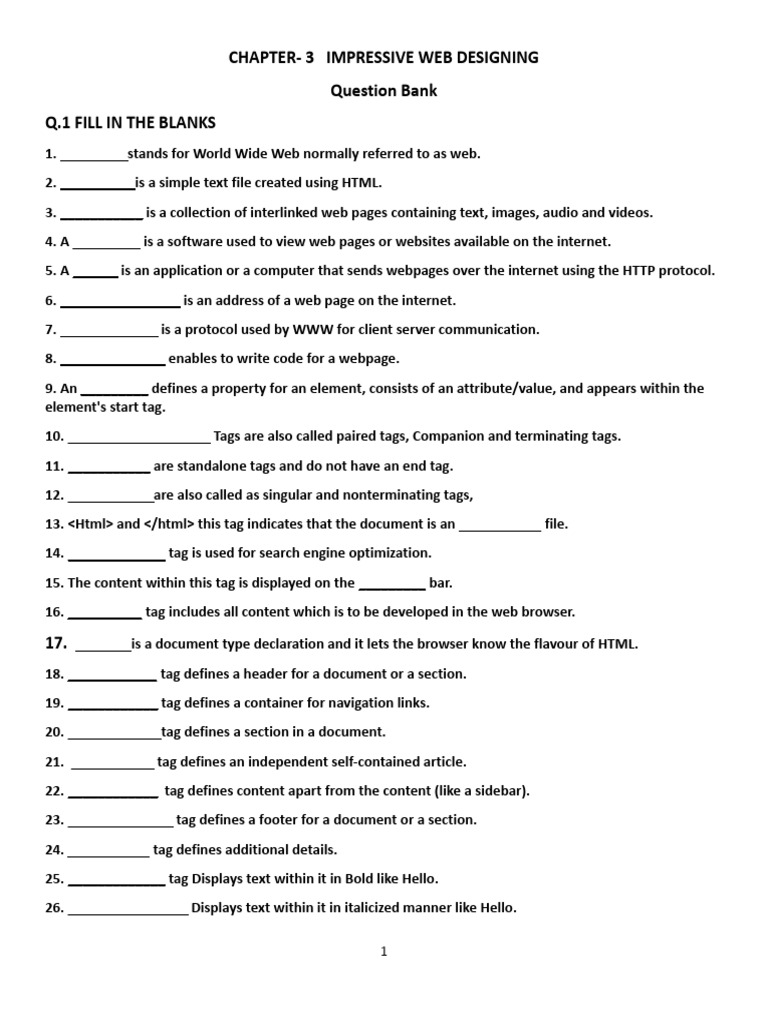 Chapter 3 Impressive Web Designing Question Bank | PDF | Html Element | World Wide Web