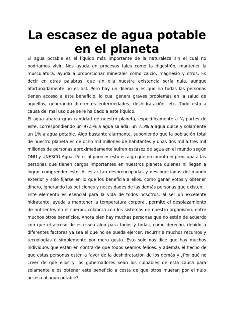 La Escasez Del Agua Potable en El Planeta (Argumentada Por Medio de ...