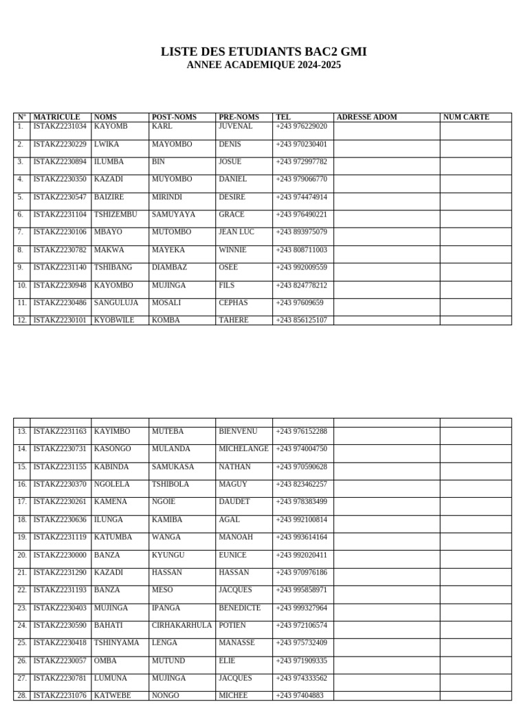 Liste Des Etudiants Bac2 Gmi | PDF