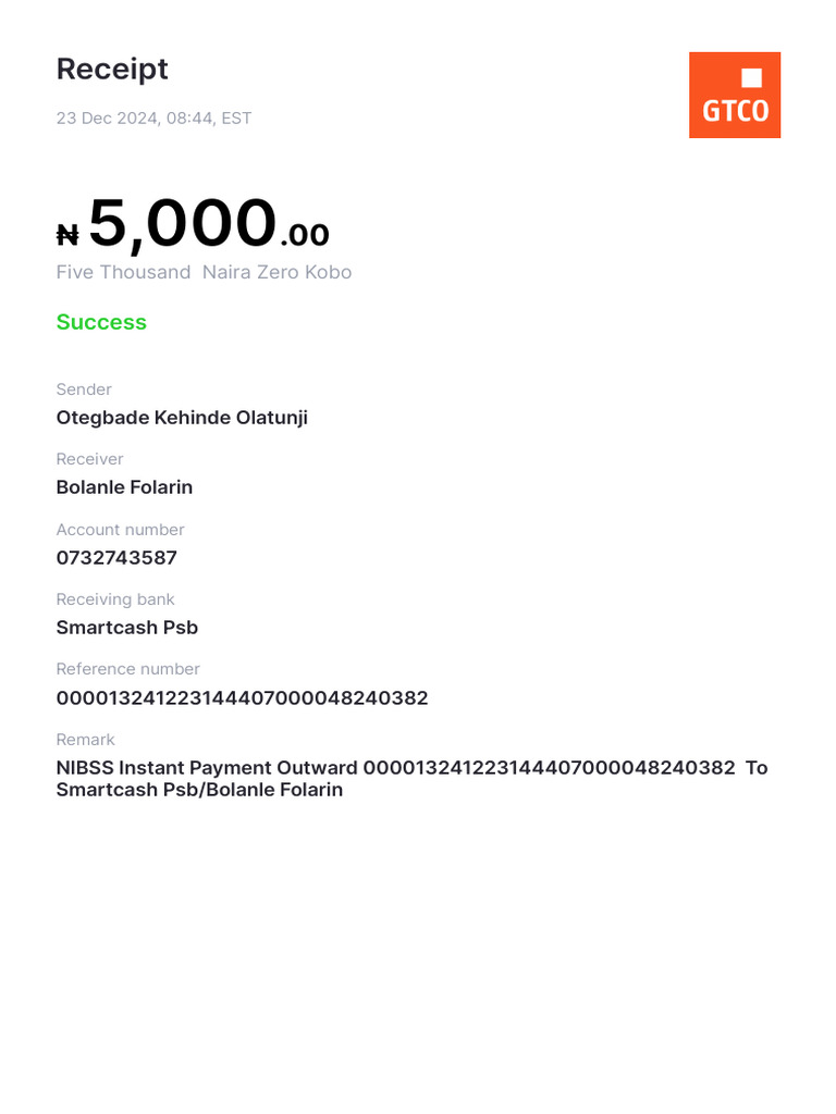 Successful Payment Receipt - ₦5,000 Transfer | PDF