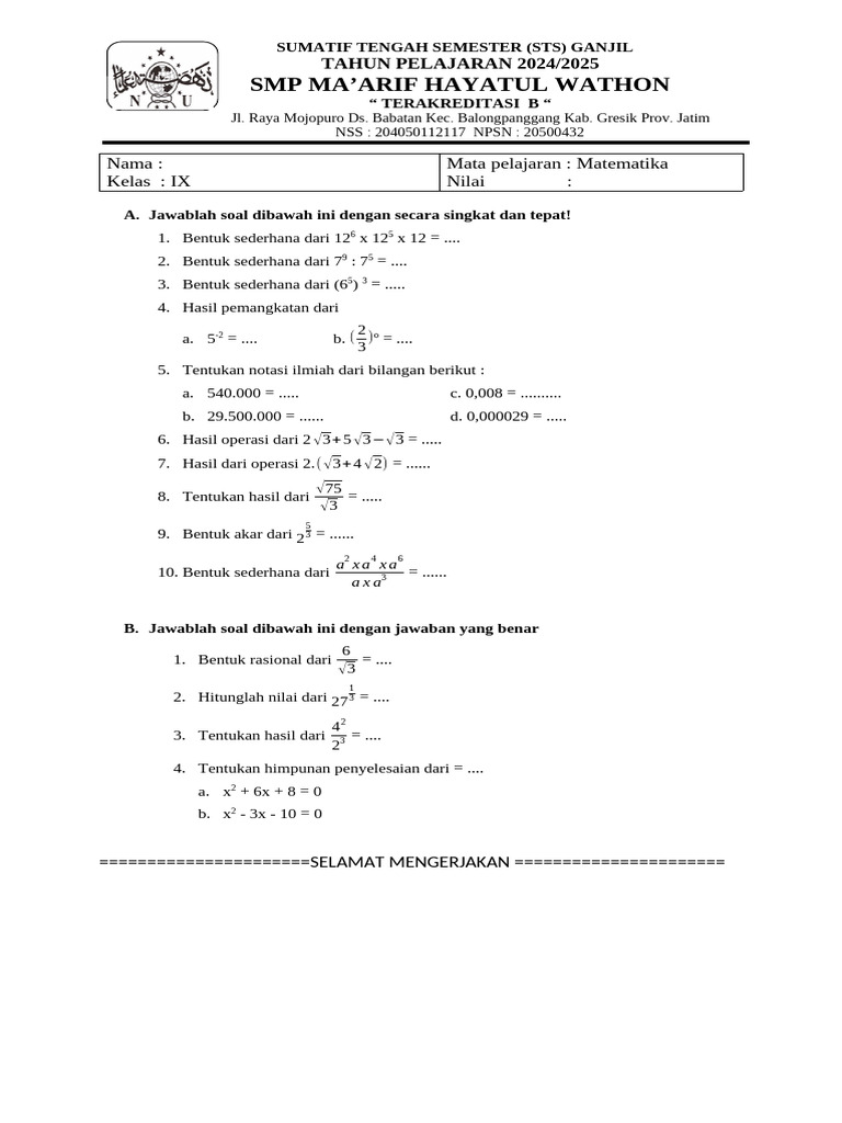 PTS SMP Ma'arif | PDF