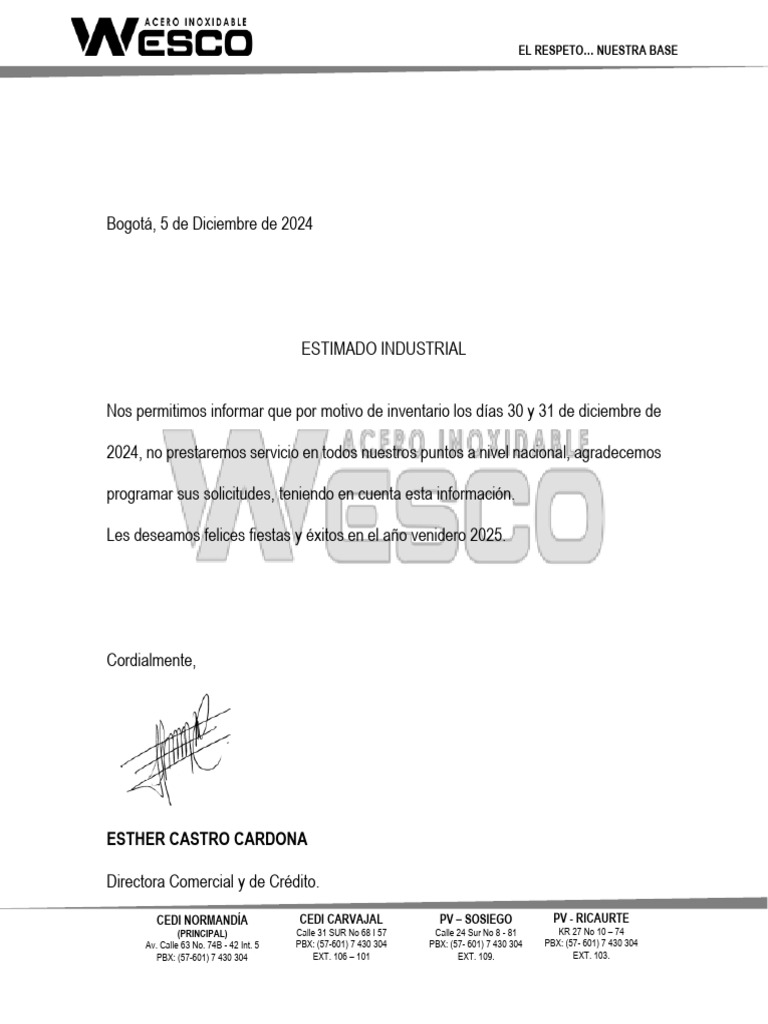 Carta Cierre de Fin de Año | PDF