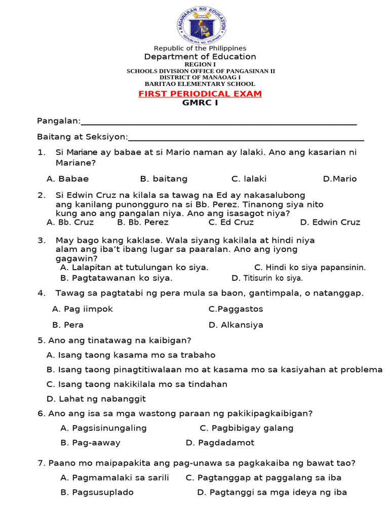 Matatag 1st Exam GMRC | PDF