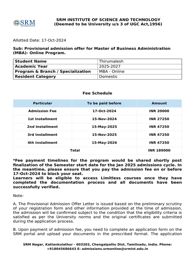 Thirumalesh Offer Letter SRM-MBA-Online | PDF | University And College Admission | Loans