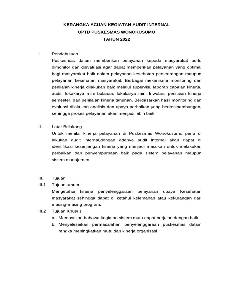 Kerangka Acuan Kegiatan Audit Internal TTD DR Heri | PDF