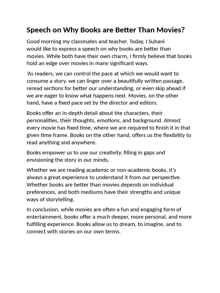 Speech On Why Books Are Better Than Movies | PDF